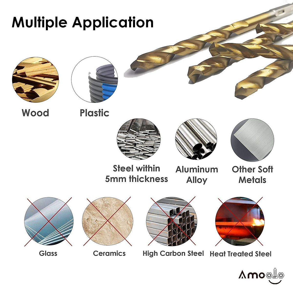 amoolo Hex Shank Drill Bit Set Combo 16Pcs (1/16"-1/4") + 10Pcs 1/8", Premium 4341 HSS Titanium Quick Change Impact Hex Drill Bits for Wood, Steel, Metal, Plastic
