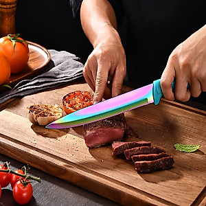 Rainbow Titanium Knife Set 17 PCS Kitchen Knives Set Sharp Cutlery Knife Sets Contain 6 Steak Knives Sharpener Clear Acrylic Stand Nonstick Chef Knife Block Set (Turquoise)