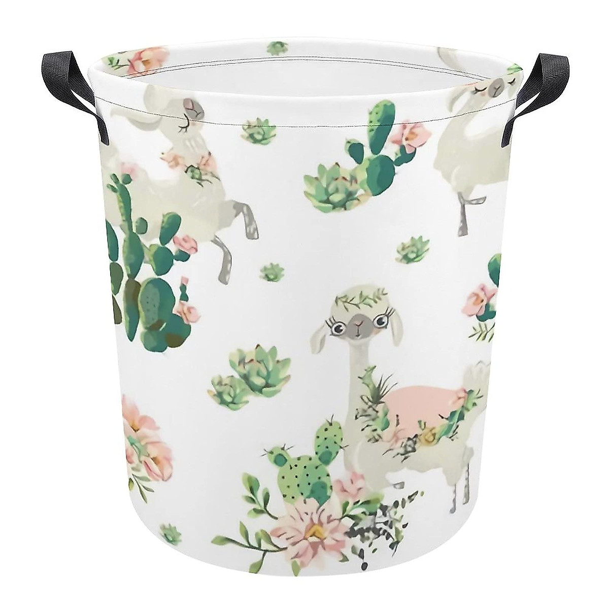 Cactus Floral Llama White Storage Basket Bin, Round Laundry Bakset Hamper Collapsible Nursery Bin with Handle for Clothes Toys Books Home Decor