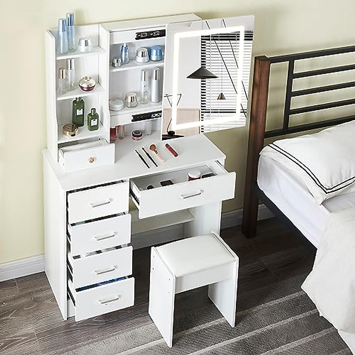 JBLCC Makeup Vaniy with Lights,Vanity with Lighted Mirror and Chair, Vanity Table with Lights and Drawers,Vanity Makeup Desk with Stool and Storage Shelves,Bedroom Furniture White (Modern 07led)