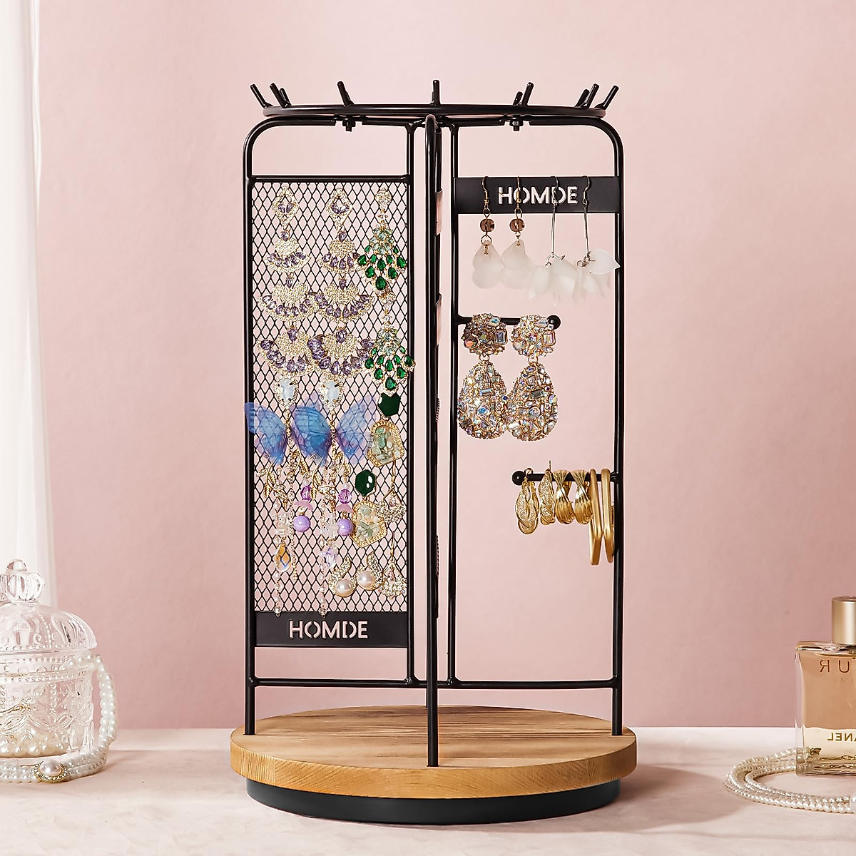 Homde 360 Rotating Jewelry Stand Hold up to 48 Pairs of Earrings and 34 Necklaces Jewelry Tower Tree Earring Necklace Bracelet Display Organizer with Solid Wood Base (Brown + Black)