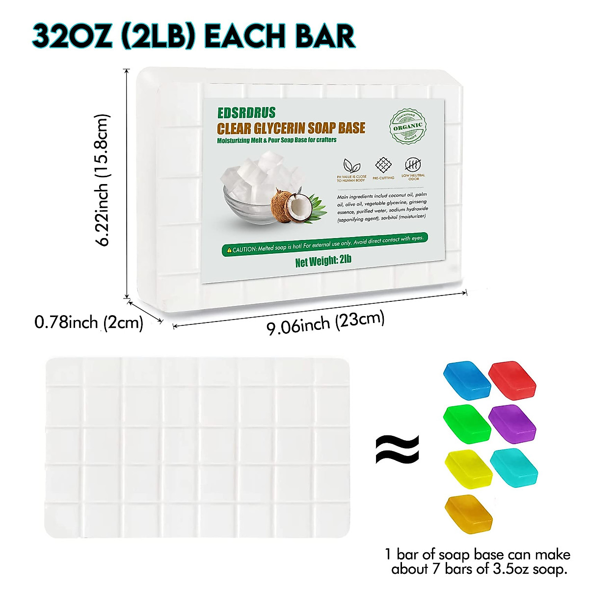 EDSRDRUS 2LB Unscented Glycerin Soap Base DIY Handmade Soap Moisturizing Melt and Pour Soap Base for Crafting, Vegetable Glycerin & Coconut Oil, Easy to Cut (White, 2LB)