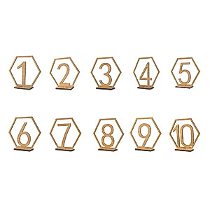 SUNFECILI 10 Pcs Wooden Table Numbers, Hexagon Hollow Out Table Number,Wedding Place Cards, Wood Numbers Place Cards with Holder Base Standing Wood Wedding Decorations, Gold(1-10)