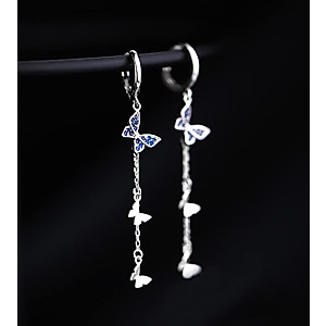SLUYNZ 925 Sterling Silver Butterfly Dangle Earrings Tassel for Women CZ Butterfly Hoop Earrings Chain (A-Silver)