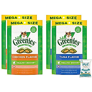 Greenies (4 Pack) Smartbites Hair Indoor Control (previously Called Hairball Control) Chicken and Tuna, (4.6oz, 2 Each) with 10ct PetFaves Wipes
