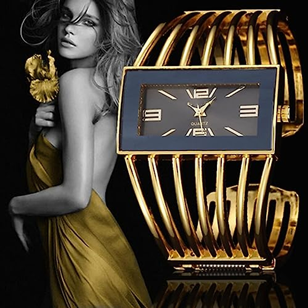 SENRUD Fashion Cuff Bracelet Watches for Women Luxury Rectangular Dial Analog Quartz Wrist Watch Gifts for Ladies (Gold Black)