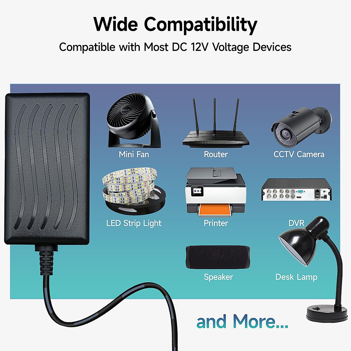 UL Listed 12V 1A 6ft Power Supply Adapter, 100-240V 50/60Hz AC to DC 12V 1000mA 800mA 600mA 500mA 300mA Universal AC Adapter with 5.5mm*2.1mm DC Plug, Center Positive