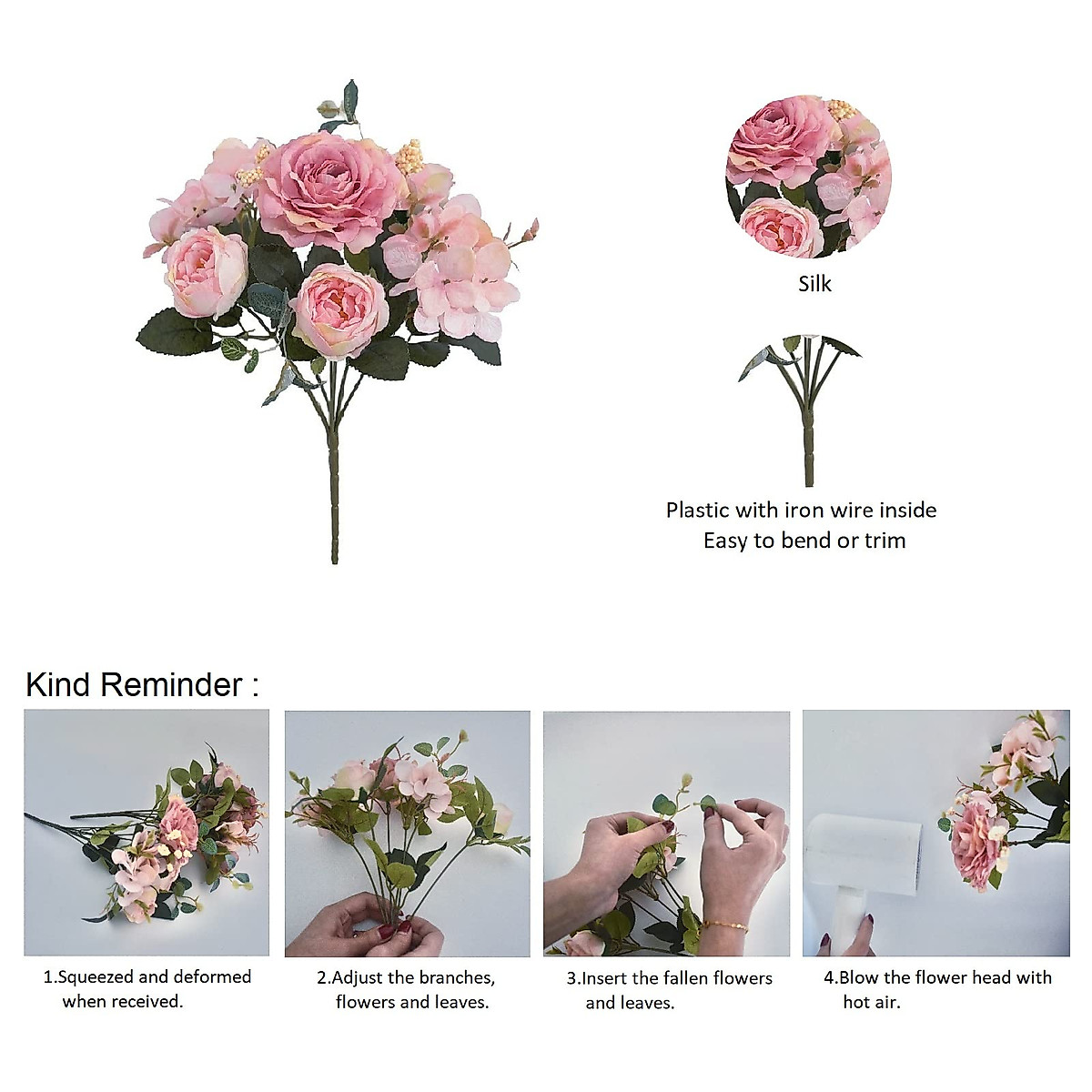 CONVEY 2PCS Pink Peony Hydrangea Silk Flowers Bouquet, Preserved Real Artificial Peonies Flowers Fake Flower for Garden Home Decor Flower Arrangement Wedding Baby Shower Party(1Light Pink+1Dark Pink)