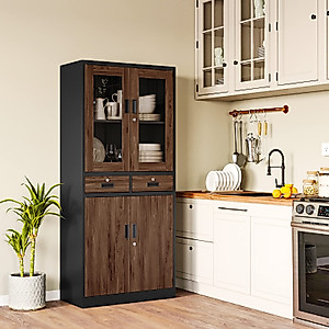 PEUKC Kitchen Pantry Cabinet, 71" Freestanding Kitchen Pantry Storage Cabinet with Drawer and Adjustable Shelves, Metal Tall Pantry Cabinet Cupborad with Glasses Doors, Wood Color