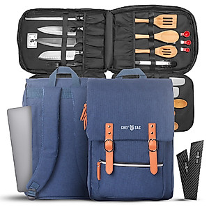 Chef Sac Chef Knife Bag Vintage Backpack | 30+ Pockets for Knives and Chef Tools | Knife Carrying Case with Hidden Back Pocket for Tablet | Sturdy Knife Bag for Chefs & Culinary Work (Heather Blue)