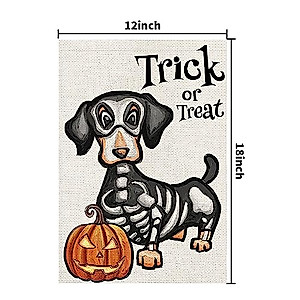 Halloween Trick or Treat Garden Flag Ghost Dog 12x18 Inch Small Double Sided Burlap Welcome Yard Dachshund Skeleton Outside Decorations DF342