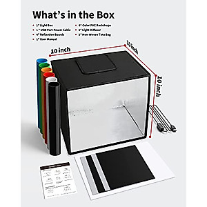 Glendan Light Box Photography, 10"x10" Photo Box with 88 High Color Rendering Index LED Lights, 6 Color PVC Backdrops, 4 Reflection Boards and 1 Diffuser for Jewelry and Small Item Product Photography