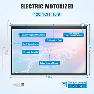 Powerextra 100 Inch Motorized Projector Screen with Wireless Remote Control 16:9 4K HD Wall/Ceiling Mounted Electric Movie Screen for Home Theater Presentation Education Outdoor Indoor