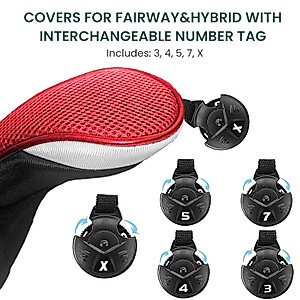 FINGER TEN Golf Club Head Covers Woods Driver Fairway Hybrid 3/4/5 Set, Headcovers Men 1 3 5 7 X Interchangeable Number Tag, Fit All Wood Clubs (4 Pack-Red(1D+1F+2H))