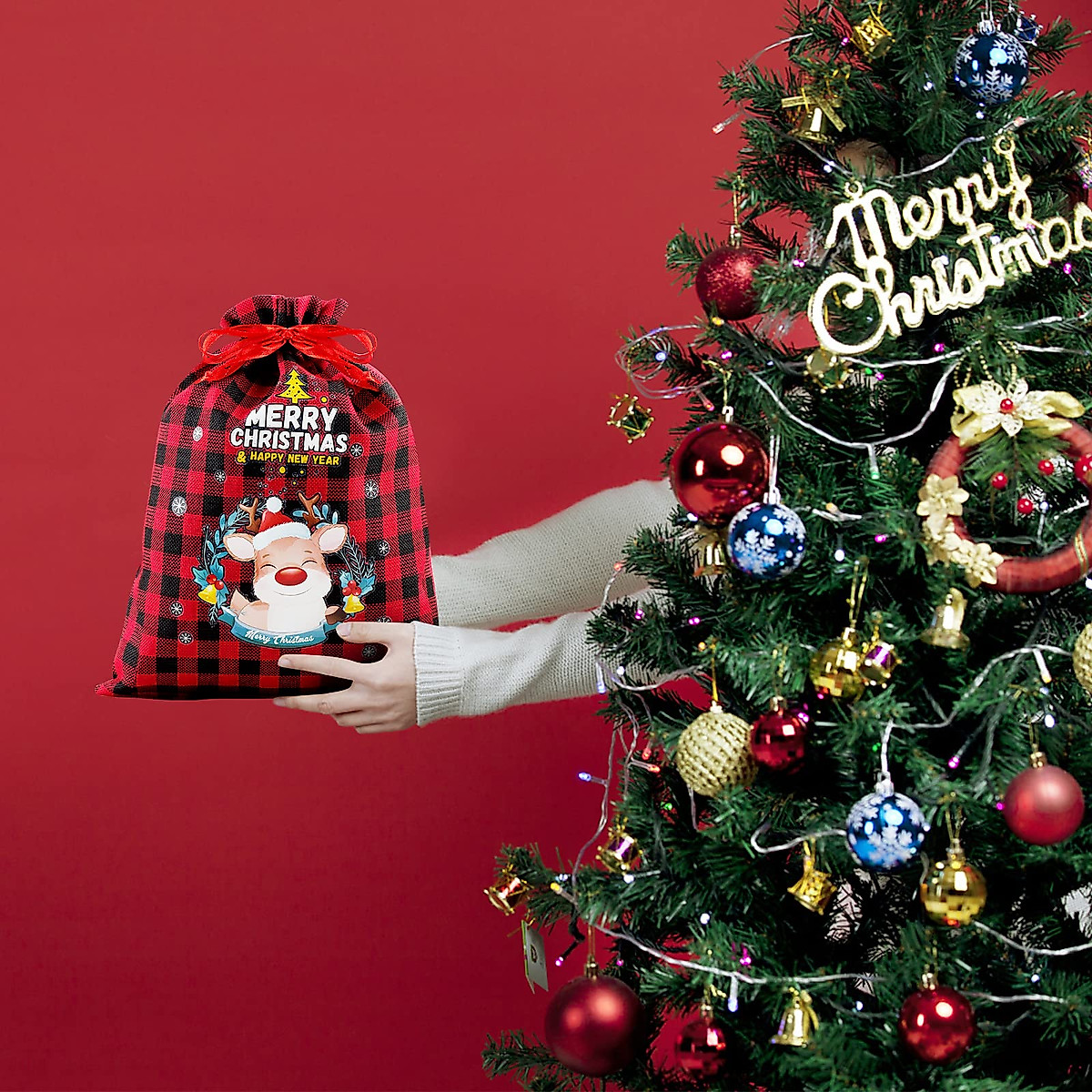 8 Pack Assorted Sizes Gift Bags buffalo plaid and Christmas patterns gifts Bags with Drawstrings Xmas Plaid Burlap Bags Wrapping Bags Drawstring Storage Bags with Drawstring