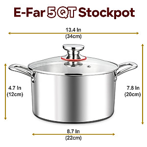 E-far 5 Quart Stock Pot with Lid, 18/10 Tri-ply Stainless Steel Stockpot for Induction Ceramic Gas Stoves, Heavy Duty Cooking Pot for Pasta Soup Stewing Simmering, Oven and Dishwasher Safe