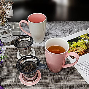 amhomel Porcelain Tea Mug with Infuser and Lid, 16 Ounce Ceramic Tea Cup for Loose Leaf, Coffee, Cocoa and Milk, Tea Gift for Tea Lovers, Set of 2(Pink and White)