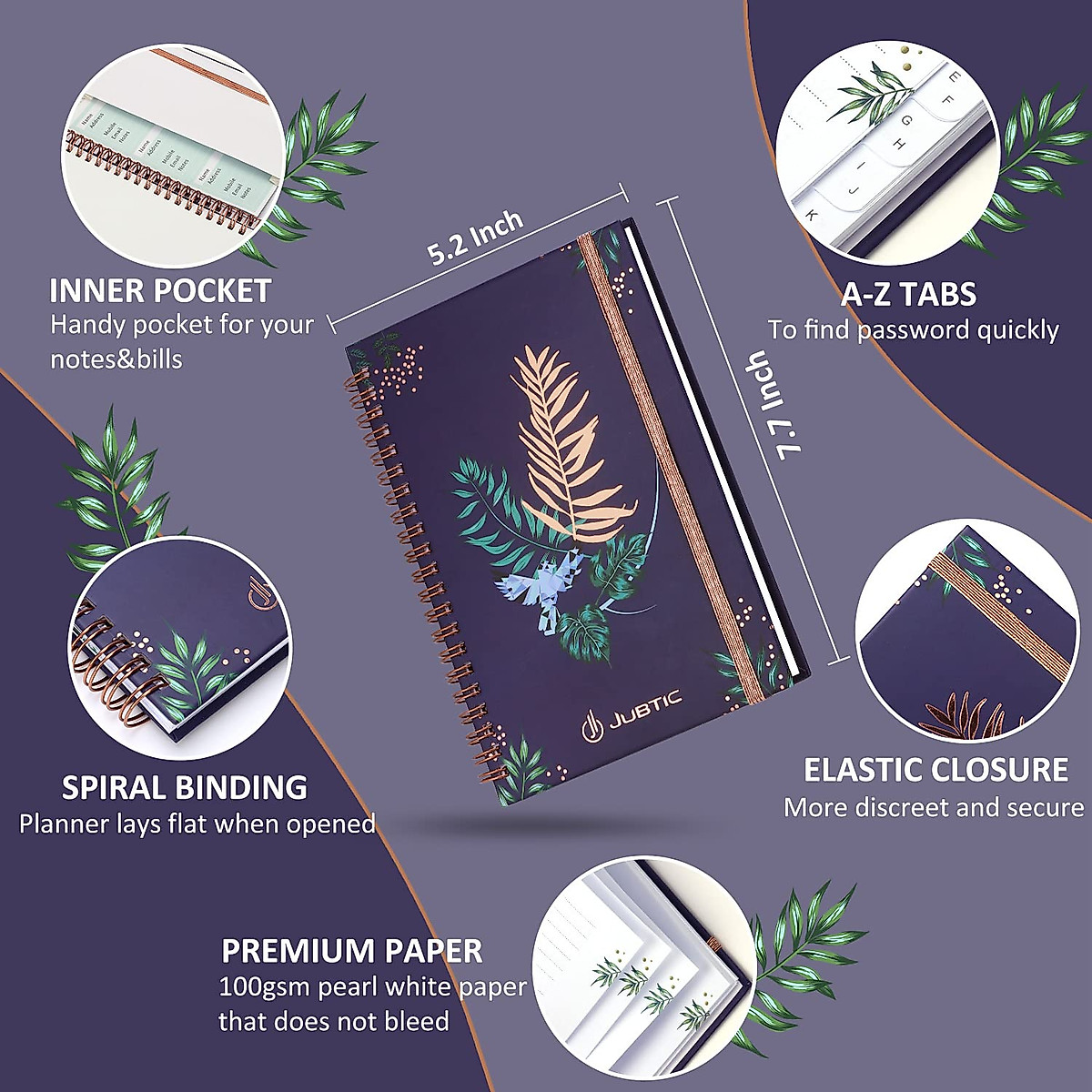 JUBTIC Hardcover Address Book with Alphabetical Tabs, Spiral Bound Address Book with Refillable Pages Medium Telephone book incl. Address, Password, Contact, Tel, Email, Important Date for Home Office