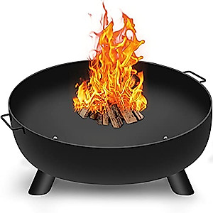 AMAGABELI GARDEN & HOME Fire Pit Outdoor Cast Iron Wood Burning Fire Bowl 28in with A Drain Hole Fireplace Extra Deep Large Round Outside Backyard Deck Camping Heavy Duty Metal Grate Rustproof BG368