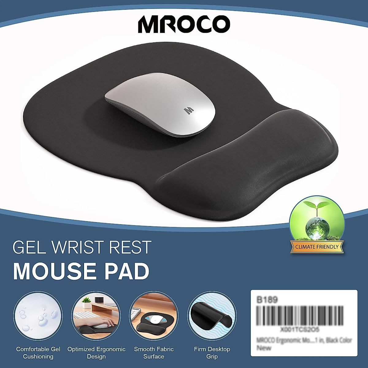 MROCO Ergonomic Mouse Pad with Wrist Support Gel Mouse Pad with Wrist Rest, Comfortable Computer Mouse Pad for Laptop, Pain Relief Mousepad with Non-slip PU Base for Office & Home, 9.4 x 8.1 in, Black