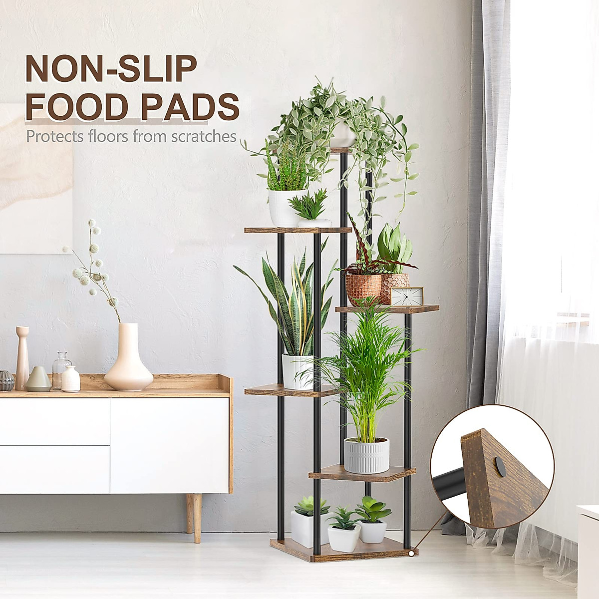 Oppro 6 Tier Tall Corner Plant Stands Indoor, 45Inch Large Metal Wood Flower Pot Shelf for Multiple Plants, Tiered Plant Holder Display Rack for Outdoor Balcony Garden Patio Living Room (Black)