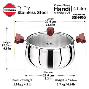 Hawkins 4 Litre Cook n Serve Handi with Glass Lid, Induction Compatible Tri-Ply Stainless Steel Cookware, Cooking Pot, Saucepan, Silver (SSH40G)