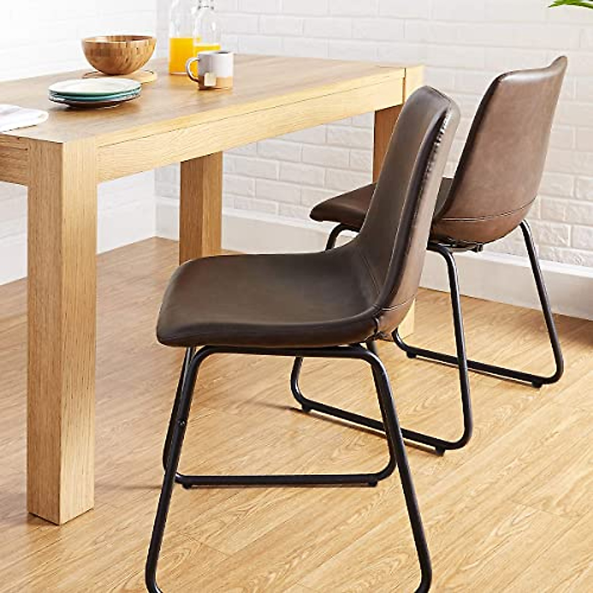 CangLong Faux Leather Armless Dining Chairs with Black Metal Base Faux Leather Bucket Seat, (2 PCS 18" inch), PU Brown