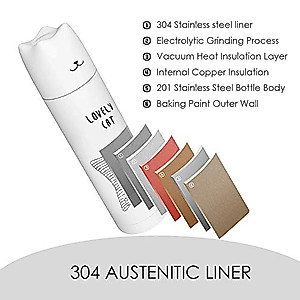 DIFFLIFE Cute Water Bottle For School, Vacuum Insulated Stainless Steel Thermos Mug，2019 New Cute Animals Insulation Bottle (White Cat) (YUNDA)