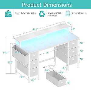 Lufeiya White Computer Desk with Fabric Drawers & Storage Shelves, 47 inch Home Office Desk with Monitor Stand, Gaming Desk with LED Lights and Power Outlets, White