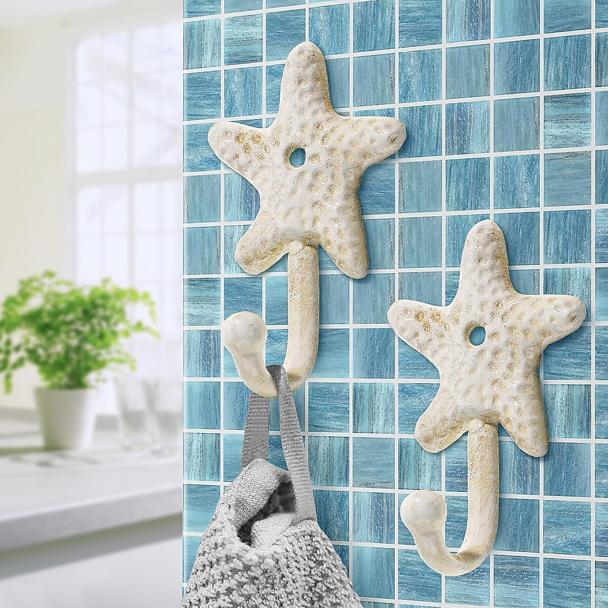 Cabilock 3Pcs Star fish Wall Hooks Towel Hook Coastal Decorative Wall Hangers Cast Iron Coat Hook Beach Ocean Theme Chic Metal Hooks for Key Hat Clothes Robe