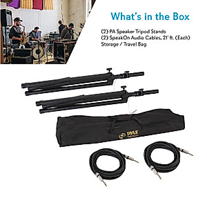 Pyle Universal Stand Kit-Height Adjustable 3.6’ -5.6’ Tall Sound Equipment Tripod Mount for Speakers w/ 35mm Insert-Home, Stage, Studio Use-(2), Black, 21’ ft 1/4" Audio Cable (PMDK102)