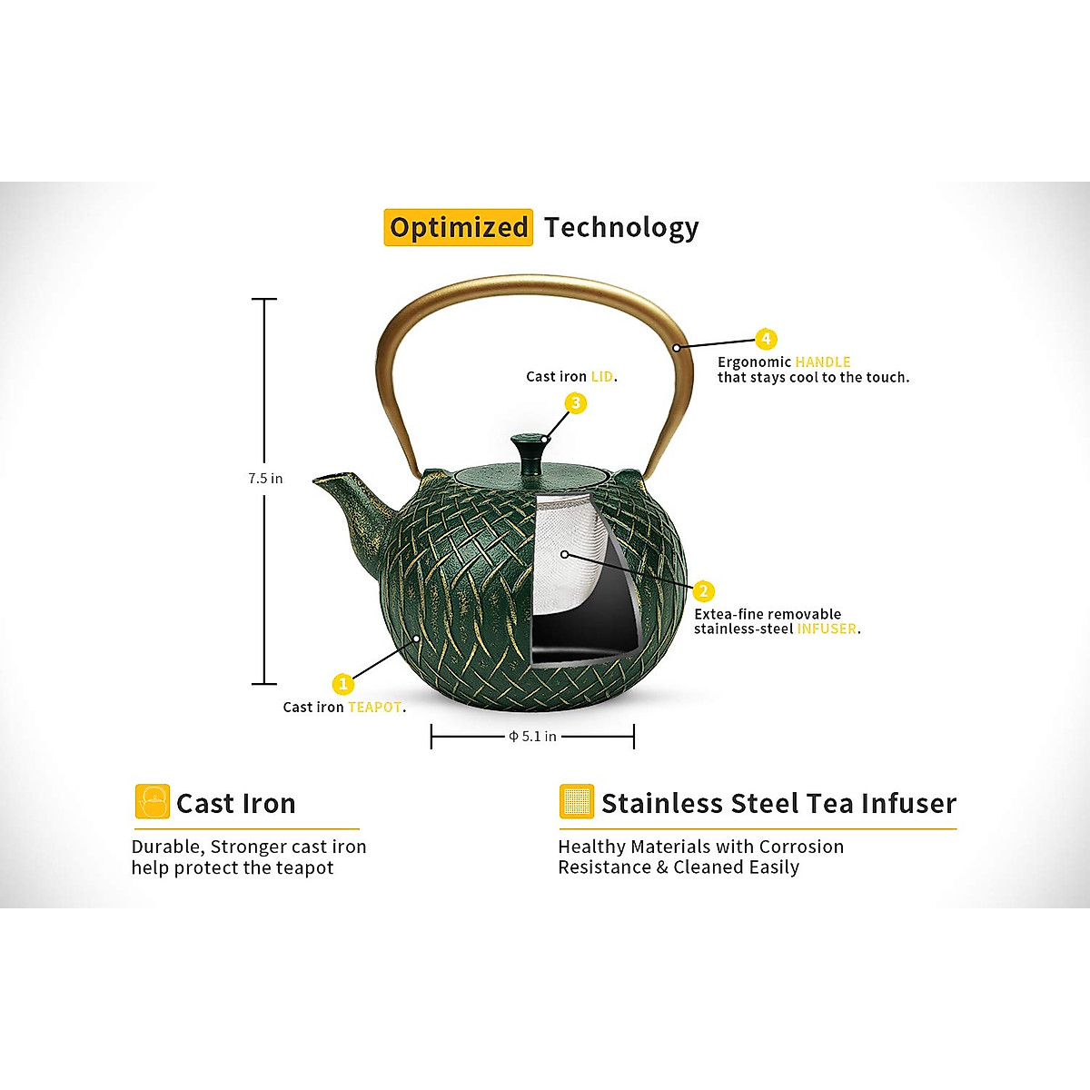 Tea Kettle, Toptier Japanese Cast Iron Tea Kettle for Stove Top, Stovetop Safe Teapot with Infusers for Loose Tea, 34 Ounce (1000 ml), Dark Green Melody