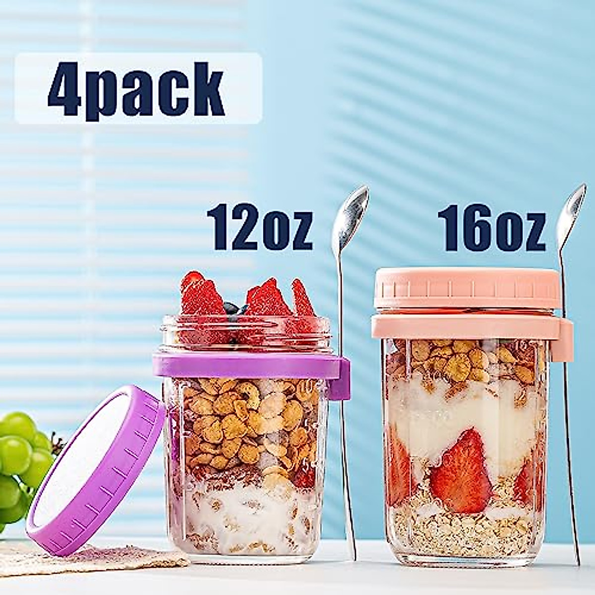 wookgreat Overnight Oats Jars, Overnight Oats Container with Leakproof Lid and Spoon Set of 4-2 pcs 16 Oz Glass Mason Jars & 2 pcs 12 Oz Wide Mouth Jars for Milk, Cereal, Salad, Milkshake Meal Prep