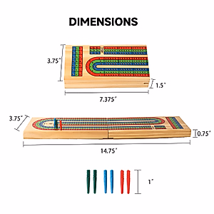 GSE Wooden Folding 3-Track Color Coded Travel Cribbage Board with 6 Plastic Pegs, Wooden Travel Portable Cribbage Board Game Set