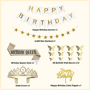 Birthday Decorations for Women, White Sand Beige Cream Neutral Gold Foil Balloons Table Cloth Sash Crown Curtains Happy Birthday Banner Golden Star Garland Butterfly Boho Party Supplies