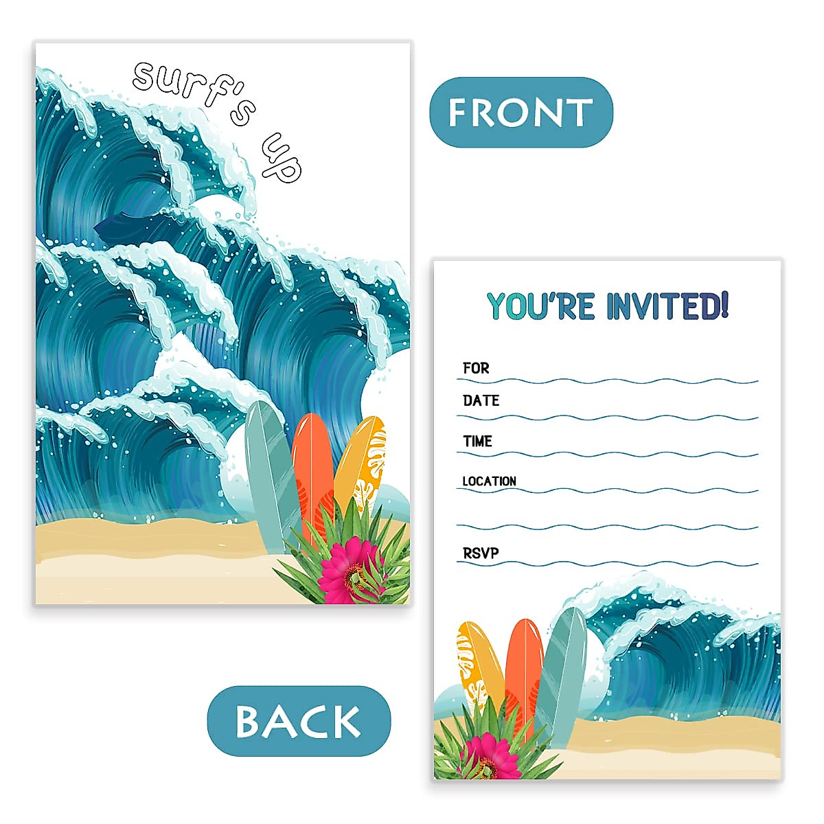 wuguimeii Summer Surf's Up Fun Birthday Party Invitations with Envelopes(20 pack)