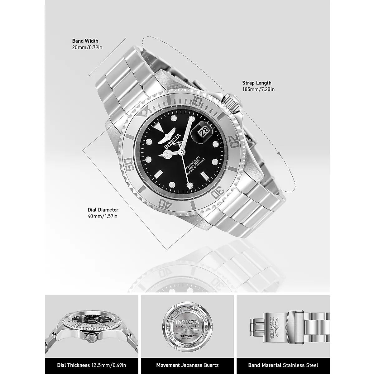 Invicta 40mm Men's Pro Diver Black Dial Silver Tone Stainless Steel Watch 34022