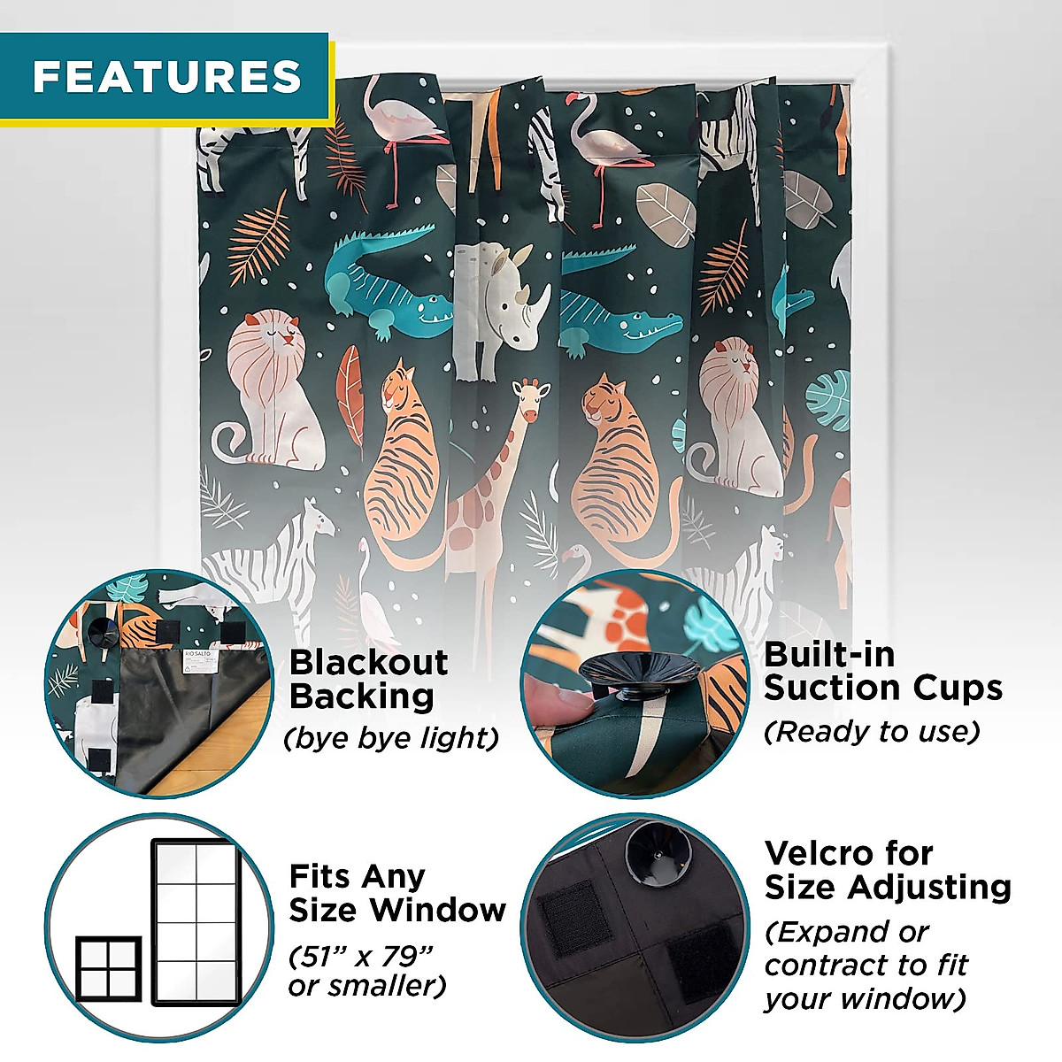 Rio Salto Portable Blackout Curtains with Suction Cups Removable Travel Baby Nursery Temporary Blind Windows Curtain Shades Car Darkening Cover Safari Animals Lion Zebra Jungle Zoo Girl Boy