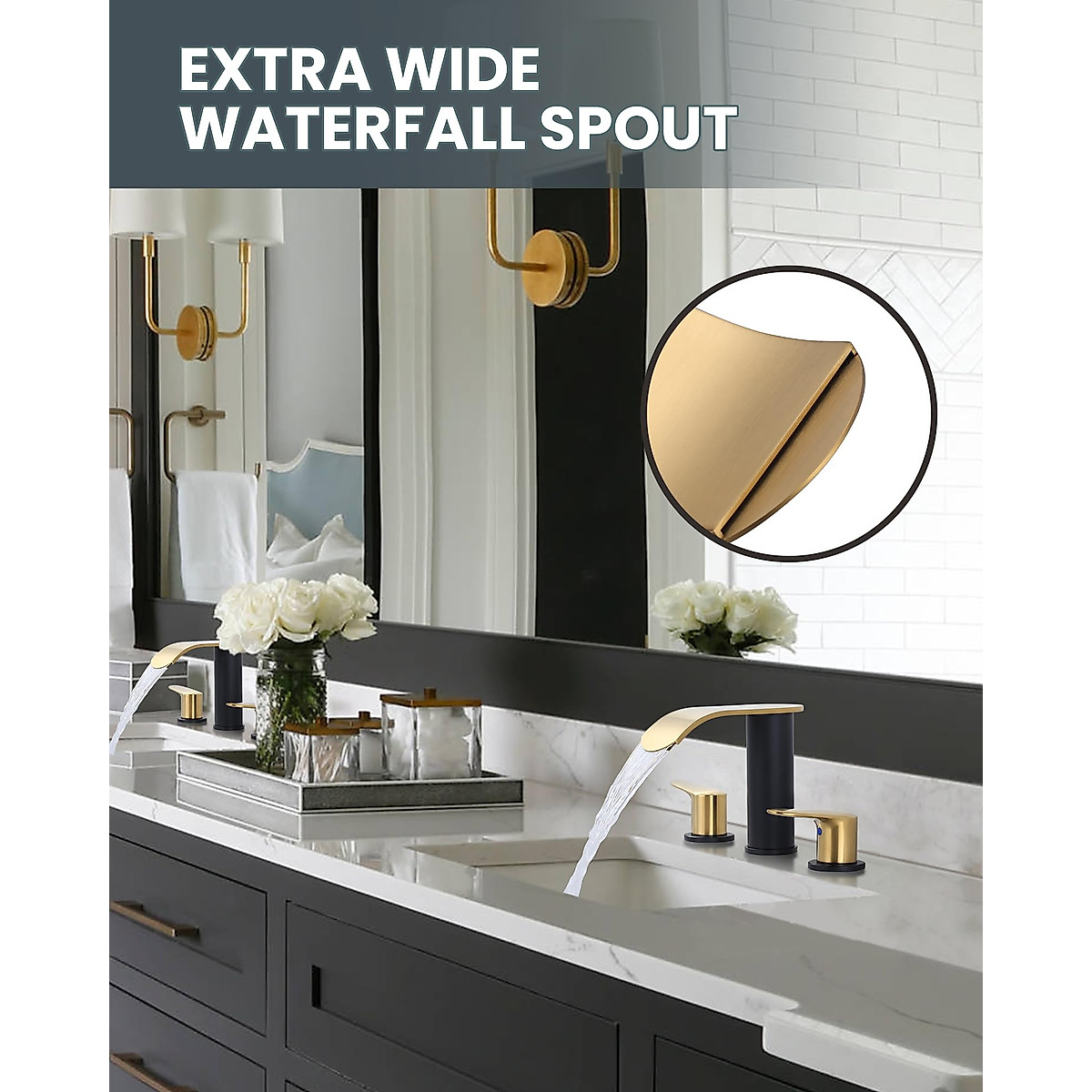 WOWOW Waterfall Bathroom Faucet 3 Holes 8Inch Widespread Bathroom Sink Faucet, Two Handles Lavatory Vanity Sink Faucets with Pop-up Drain & Supply Hoses, Modern Faucet Mixer Taps Black and Gold