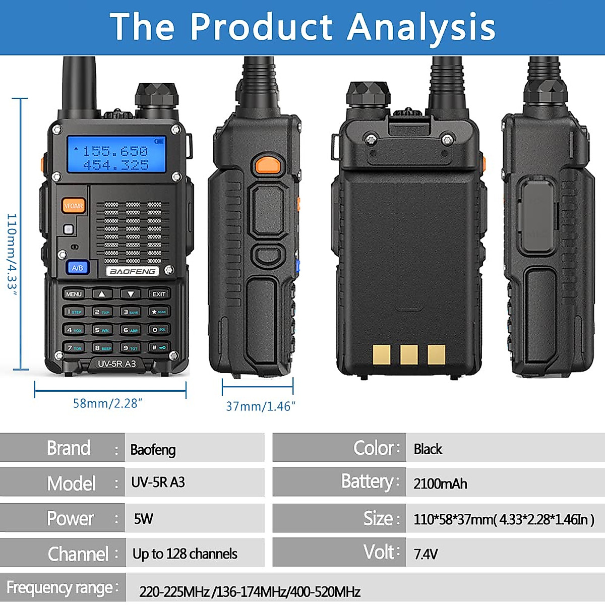 BaoFeng BF-5R A3 Tri-Band Portable Two Way Radio Ham Radio with 220 Antenna Full Kits