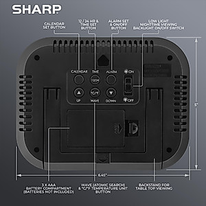 Sharp Atomic Digital Alarm Clock, Battery Operated Self-Setting Digital Wall or Desk Clock, Easy to Read Color Display Nightlight with Indoor Temperature and Calendar