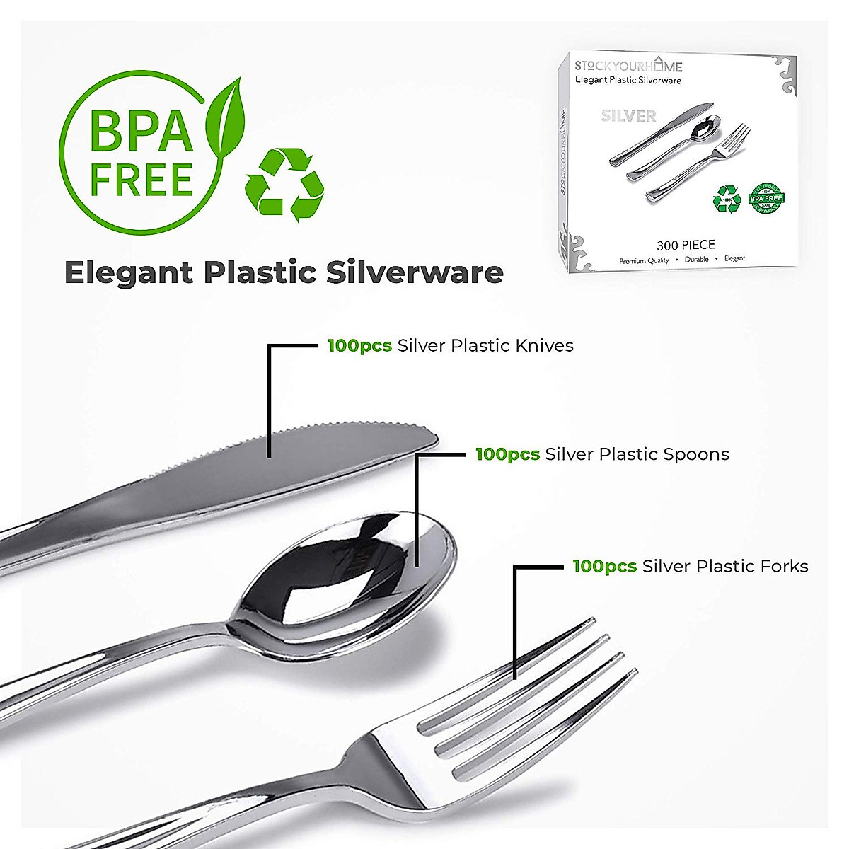Stock Your Home Silver Plastic Cutlery Set 300 Pack Disposable Silverware Heavy Duty Plastic 100 Forks, 100 Knives, 100 Spoons for Catering Events, Parties, Dinners, Weddings, Receptions, Everyday Use