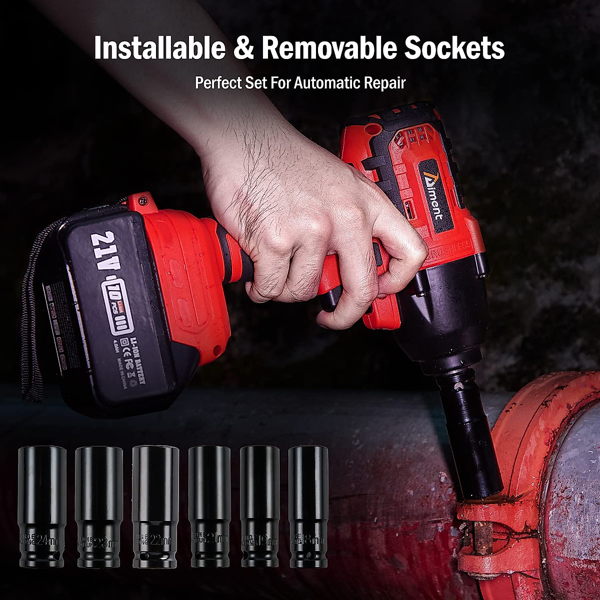 Aiment Cordless Impact Wrench 1/2 inch, 550 Ft-lbs Max Torque(700NM), 21V 3000RPM Brushless Power Impact Gun, 4.0Ah Li-ion Battery with Fast Charger, 6Pcs Sockets, Electric Impact Driver for Car Home