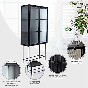 Retro Style Fluted Glass Storage Cabinet,Corner Cabinet Sideboard for Dining Room Entryway (Black)
