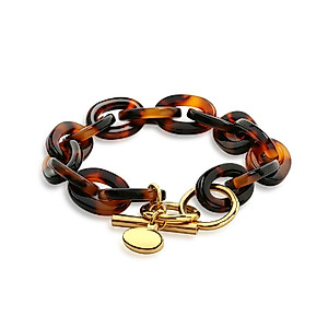Bling Jewelry Fashion Statement Brown Golden Acrylic Marbled Leopard Tortoise Shell Oval Chain Link Bracelet for Women Teen Yellow Gold Plated Stainless Steel Adjustable Toggle Closure