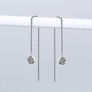 Women 925 Sterling Silver Brilliant Round Cut CZ Needle Threader Pull Through Dangle Earrings