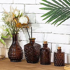 MyGift Vintage Embossed Amber Glass Decorative Reed Diffusers with Cork Lids, Small Apothecary Style Flower Bud Vases, Set of 4