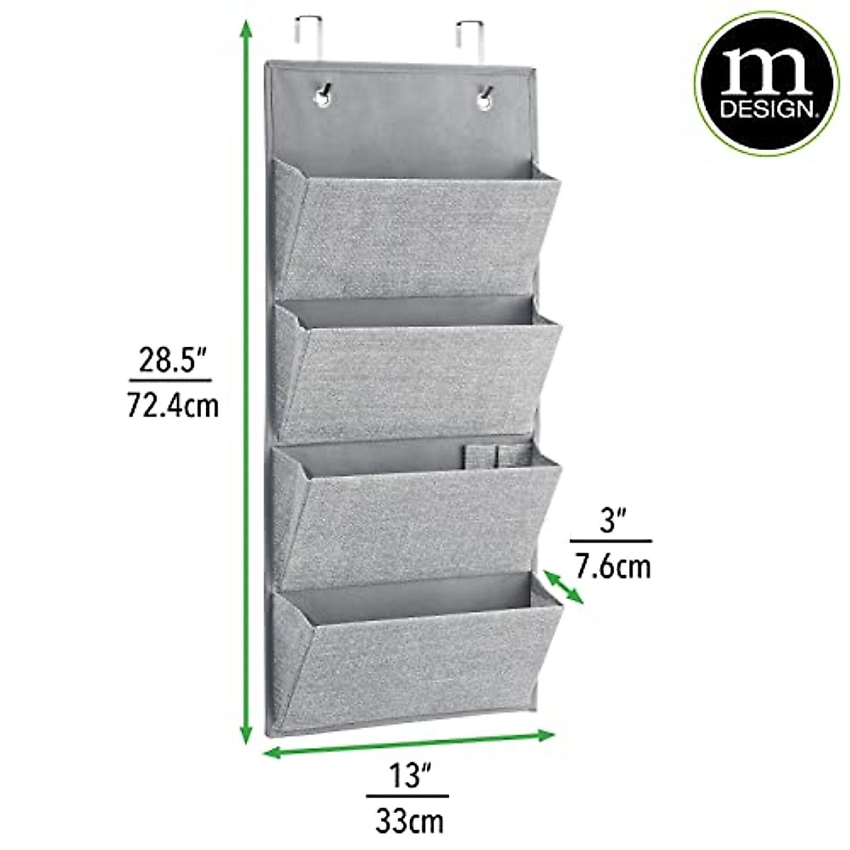 mDesign Soft Fabric Over The Door Hanging Storage Organizer with 4 Large Pockets for Closets in Bedrooms, Hallway, Entryway, Mudroom - Hooks Included - Textured Print, 2 Pack - Gray
