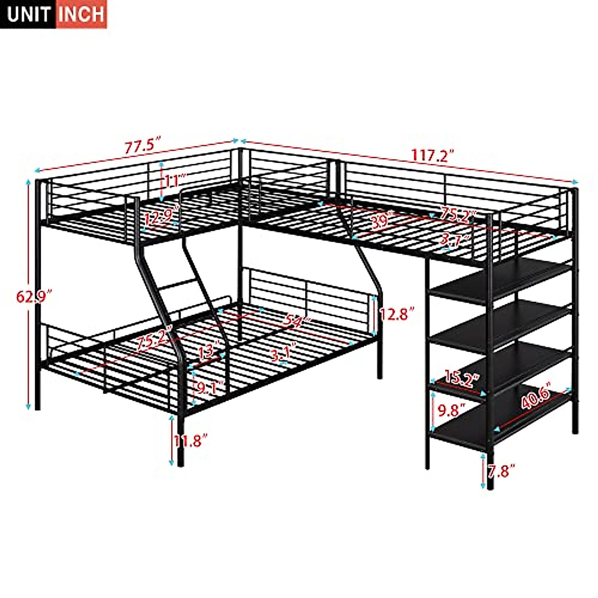 YuiHome L Shaped Bunk Bed for 3, Metal Triple Bunk Bed, Heavy-Duty Steel Frame Twin Over Full Bunk Bed and Twin Size Loft Bed with Four Built-in Shelves for Bedroom, Dorm, Boys, Girls, Adults,Black