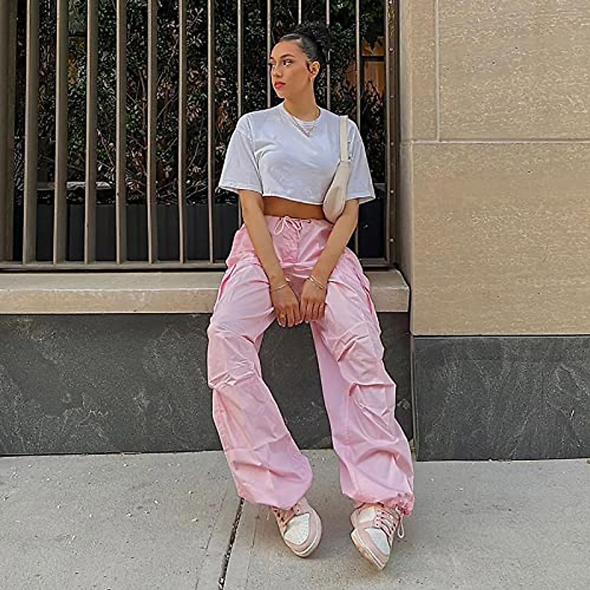WMZJSZHY Cargo Pants Women Adjustable High Waist Baggy Y2K Trendy Drawstring Parachute Pants Elastic Wide Leg Plus Size Jogger Sweatpants with Pockets Hip Hop Downtown Girl Aesthetic Pink L